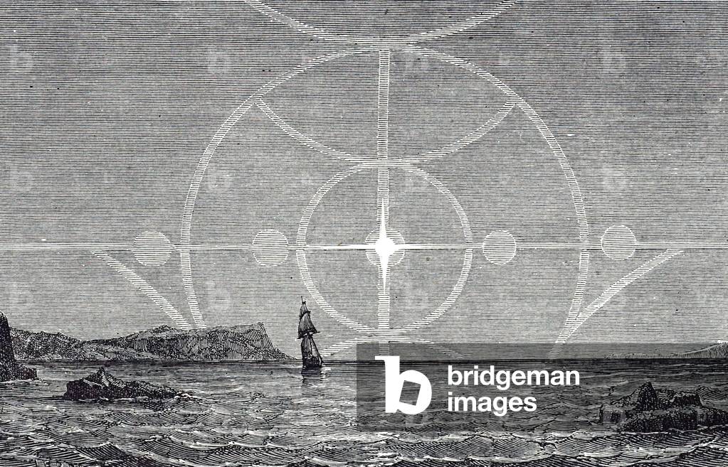 Image of An engraving depicting sun dogs, and solar rainbows. A sun