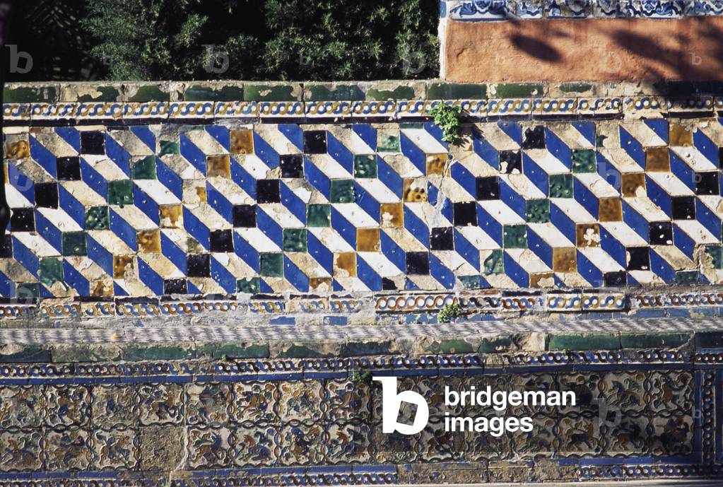 Image of Azulejo tiles decoration in gardens of Alcazar of Seville (Unesco