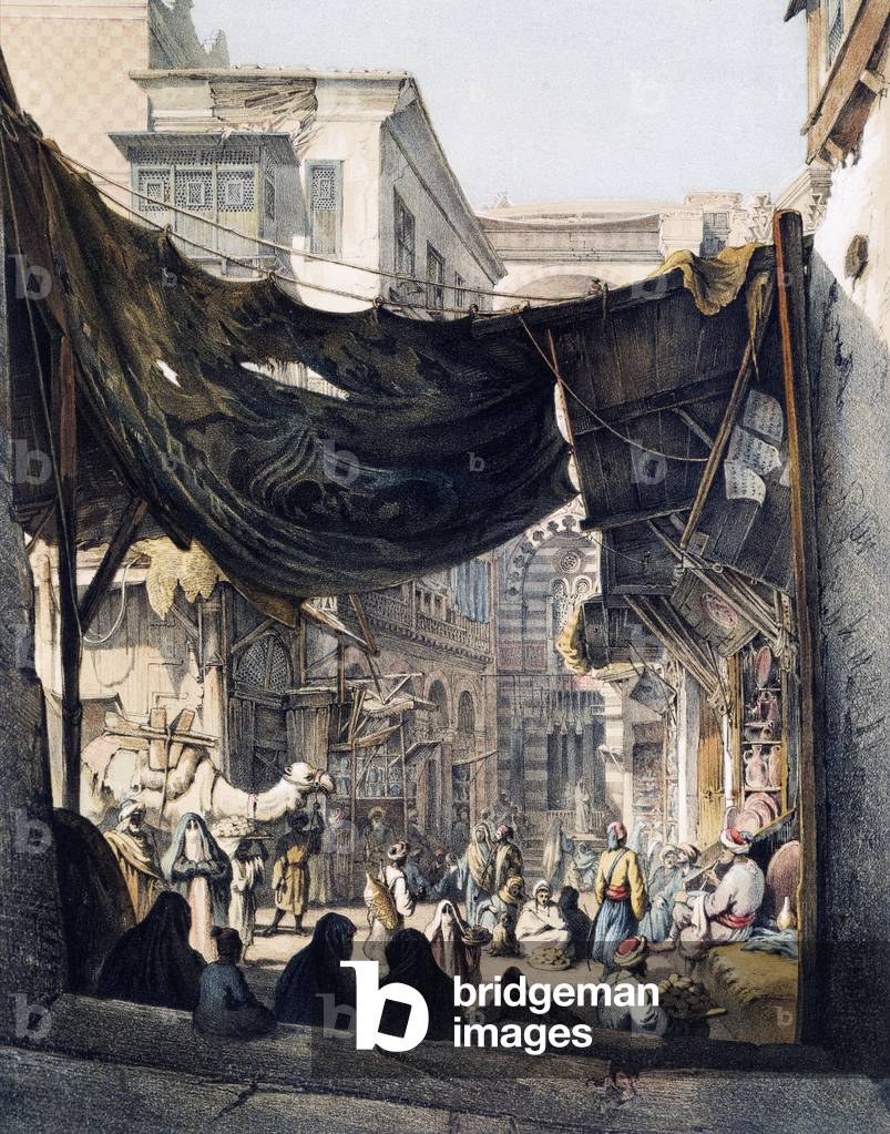 Image of View of bazaar towards door of Bab al-Nasr in Cairo,