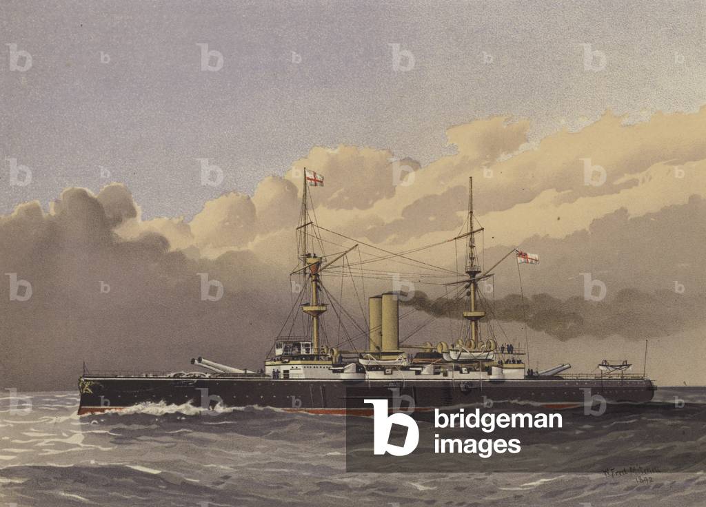 Image of HMS Royal Sovereign, 1st class battleship (colour litho) by ...