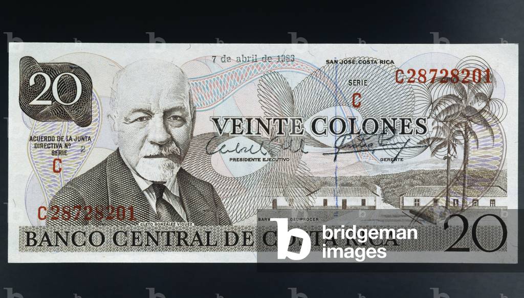 Image of 20 colones banknote, 1983, obverse, Cleto de Jesus Gonzalez Viquez