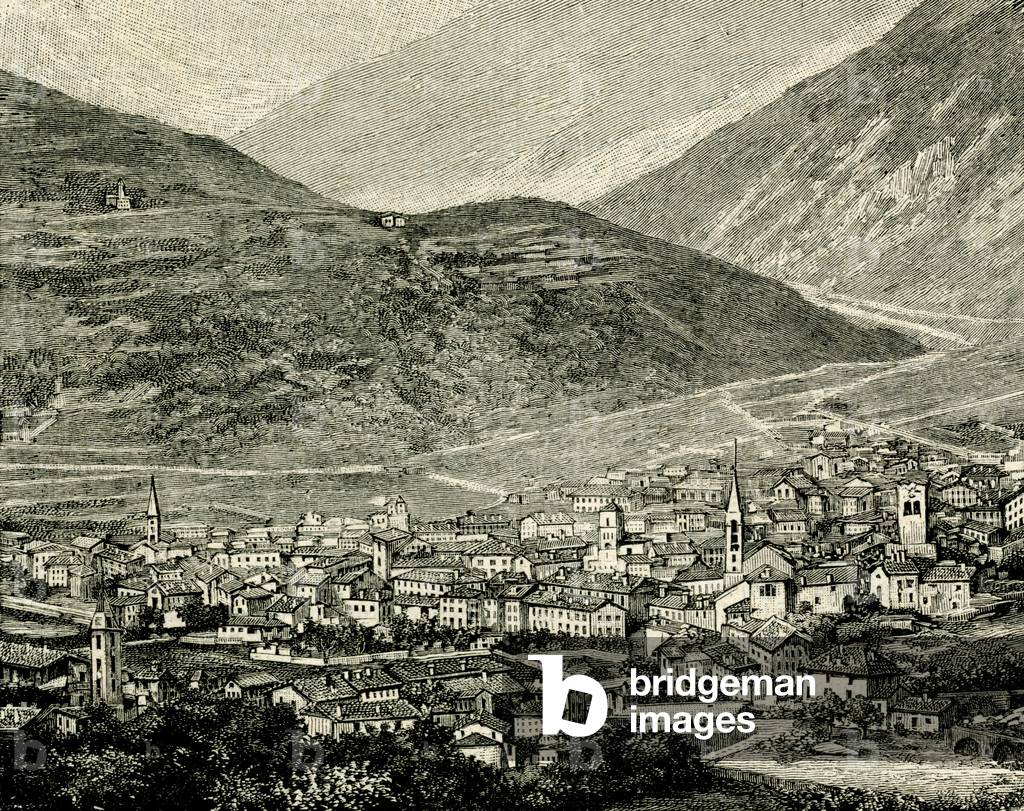 Image of View of Bormio, Valtelline, Lombardy, Italy, woodcut from Le cento