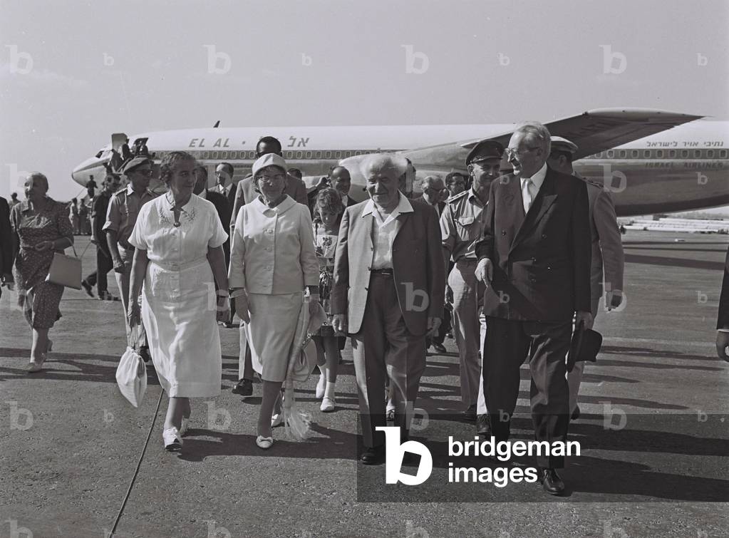 Image of Yitzhak Ben-Zvi welcomed by Prime Minister David Ben-Gurion ...