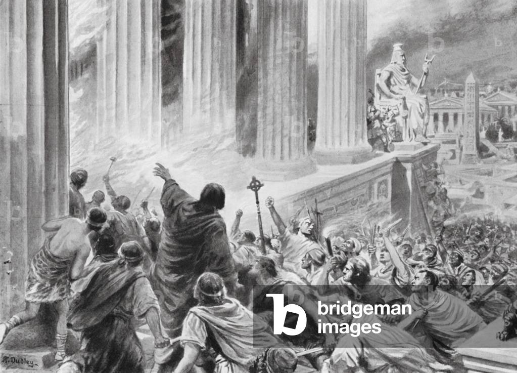 Image of The Burning of the Library at Alexandria, 391 AD (litho) by ...