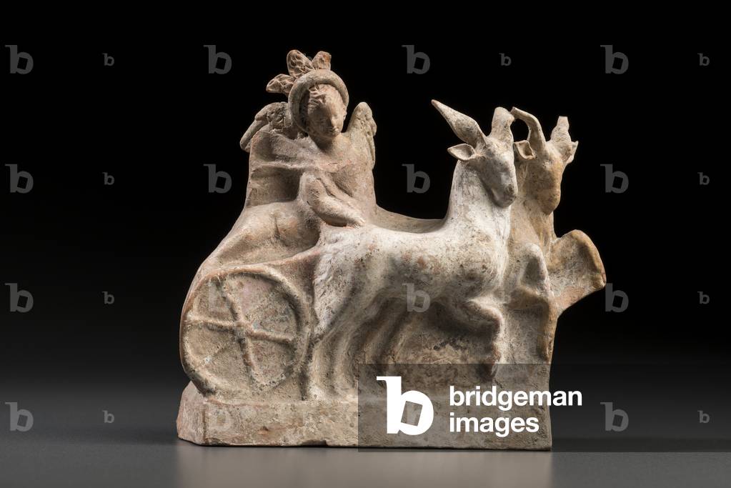 Image of Eros in a cart drawn by goats, c.50 BC (terracotta) by Greek ...