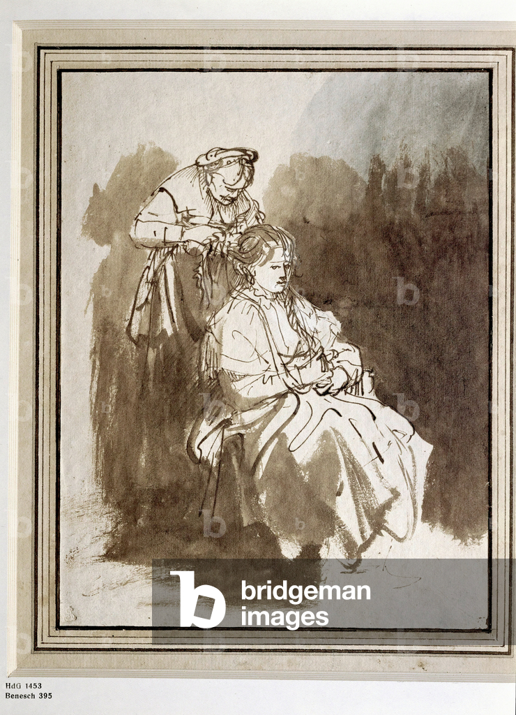 Image of Young woman at her toilet. Pen and ink drawing (drawing) by ...