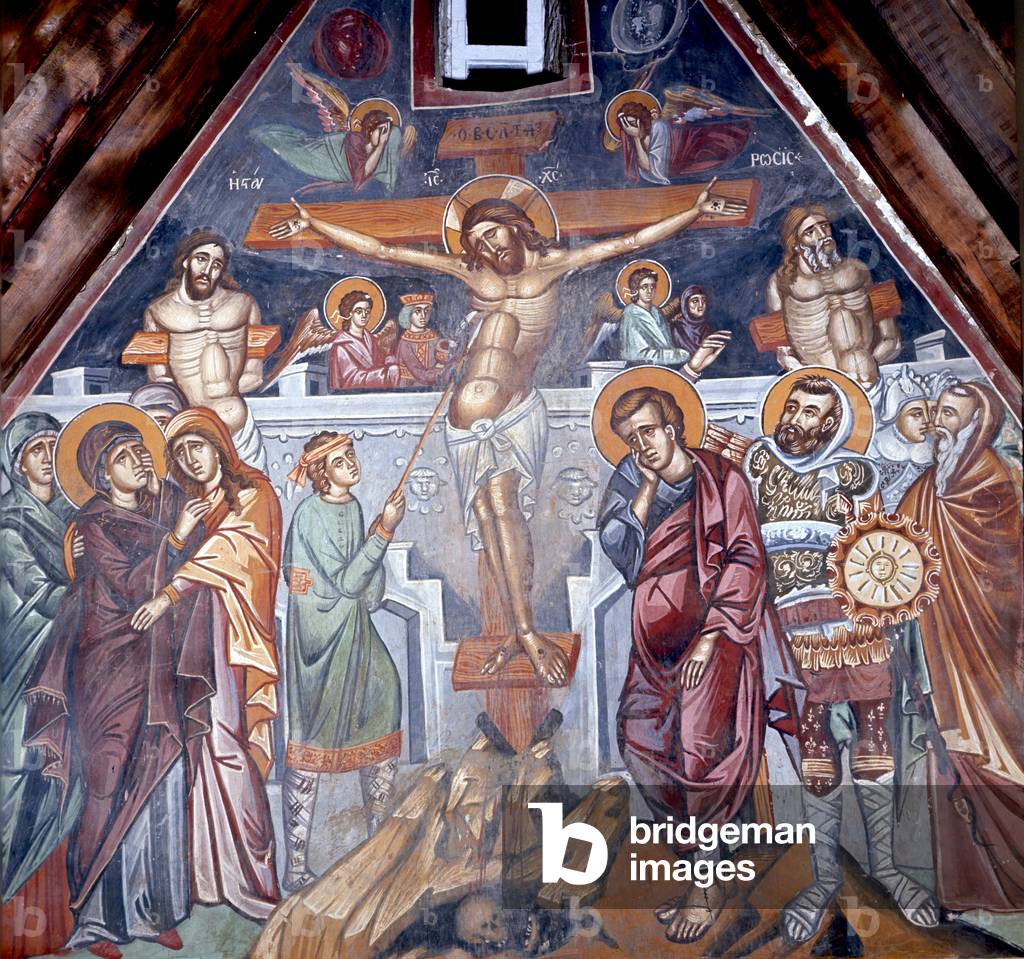 Image of Crucifixion, Cretan School (wall painting) by Byzantine (16th ...