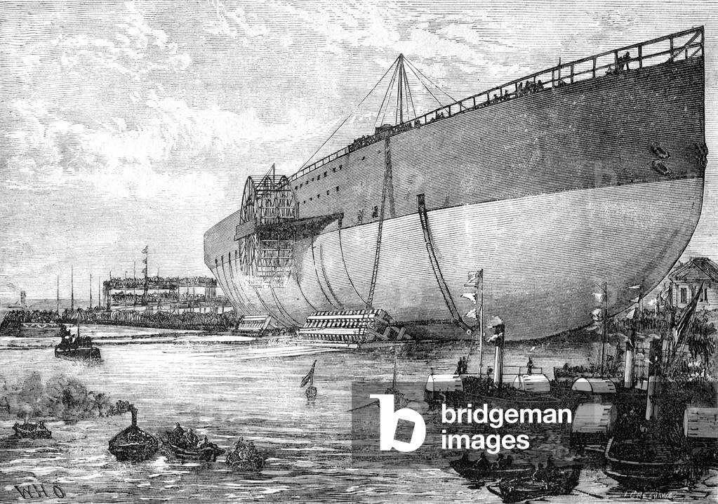 Image of Launch of SS Great Eastern Steamship in 1858, 1883 (engraving)