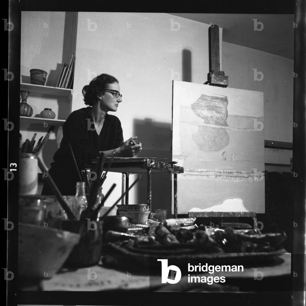 Image of Prunella Clough in her studio, 1964 (b/w photo) by Clough ...