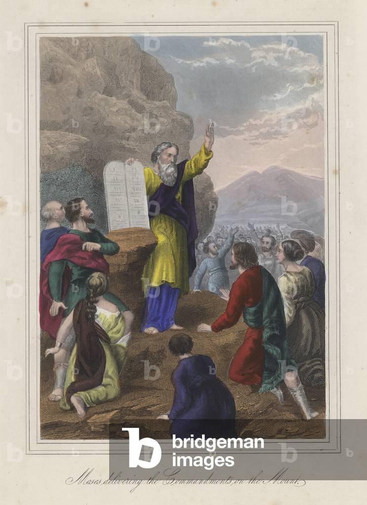 Image of Moses delivering the Ten Commandments (coloured engraving) by ...