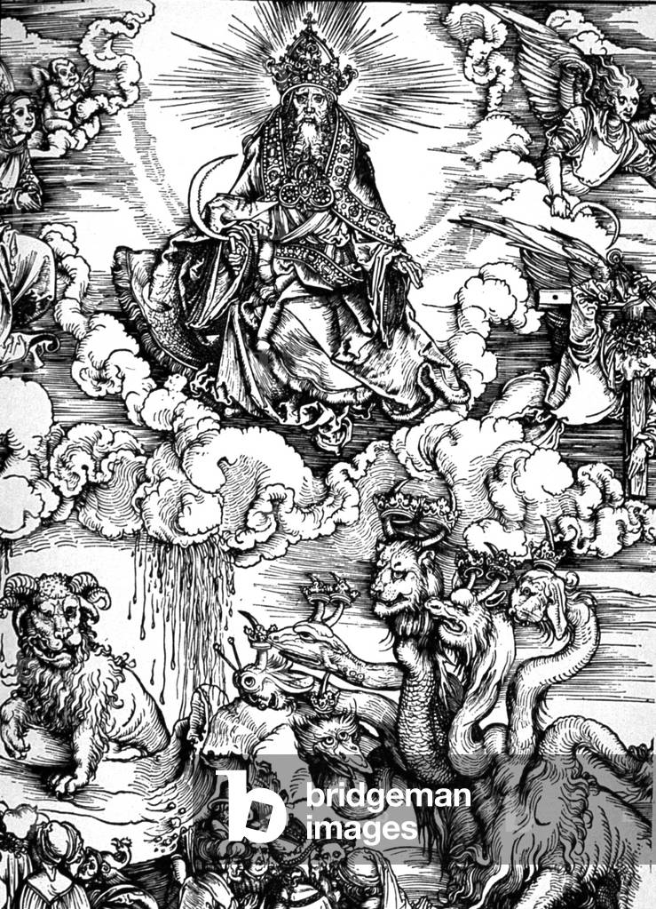 Image of Dragon with seven heads and the animal with lamb's horn,