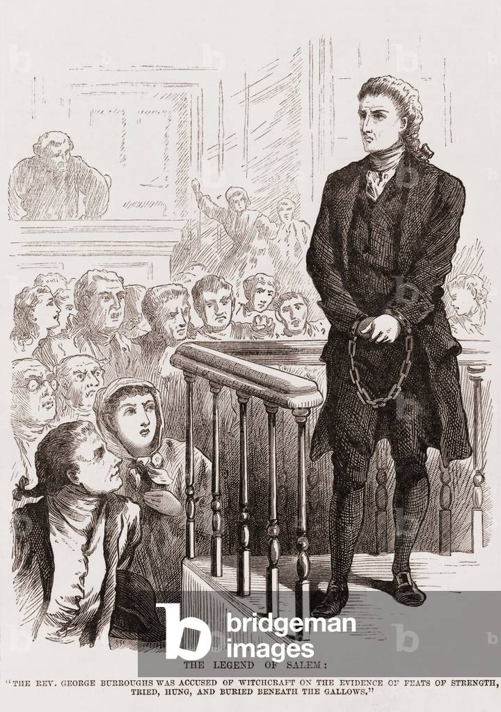Image of Salem Witch Trials. Puritan Rev. George Burroughs in chains during