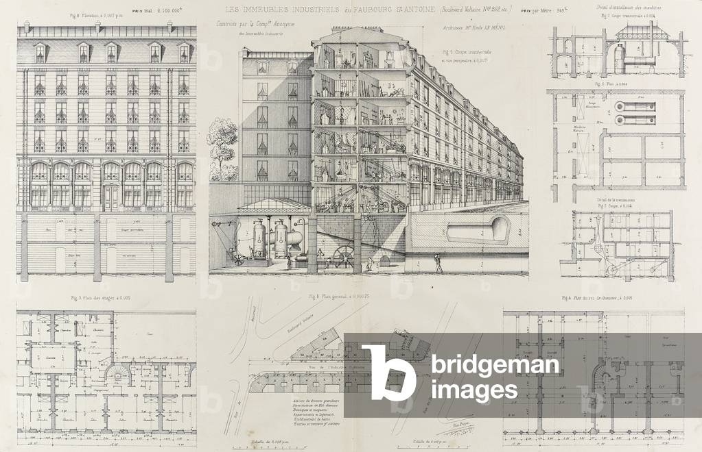 Image of Perspective, cross-section and layouts of industrial building ...