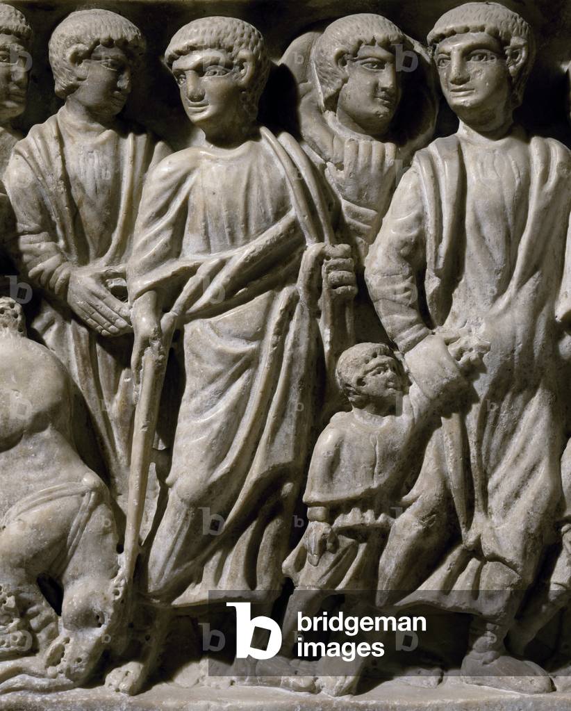 Image of Depiction of Moses, detail from front end of sarcophagus depicting