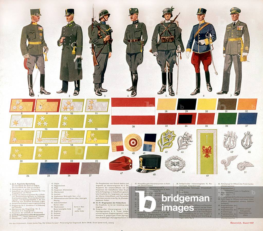 Image of uniforms and ranks of the austrian army in 1937