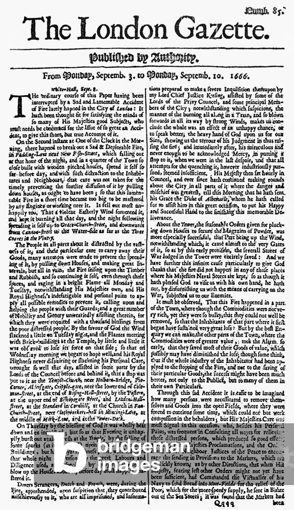 Image of LONDON: GREAT FIRE, 1666 Front page of the 'London Gazette'