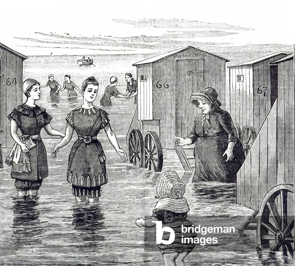 Image of An engraving depicting women bathing in bathing in the sea.