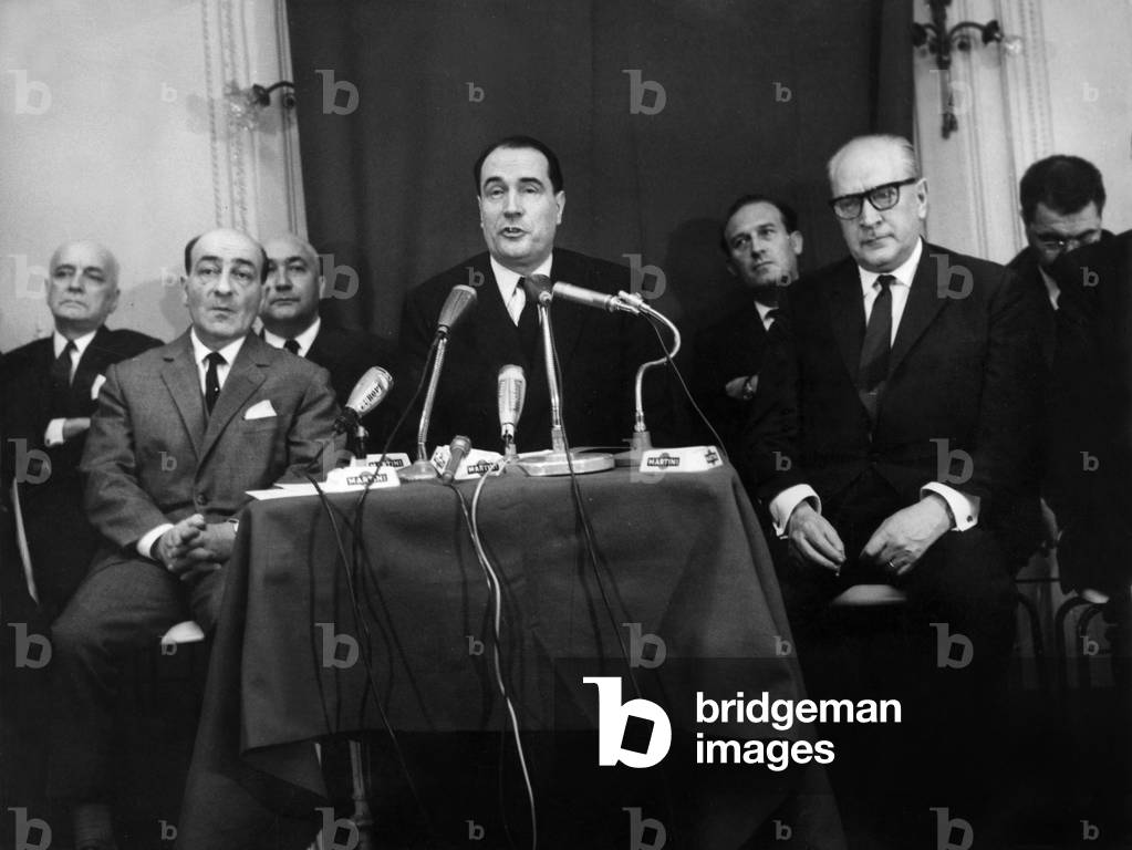 Image of Francois Mitterrand and Guy Mollet on February 10, 1966 (b/w