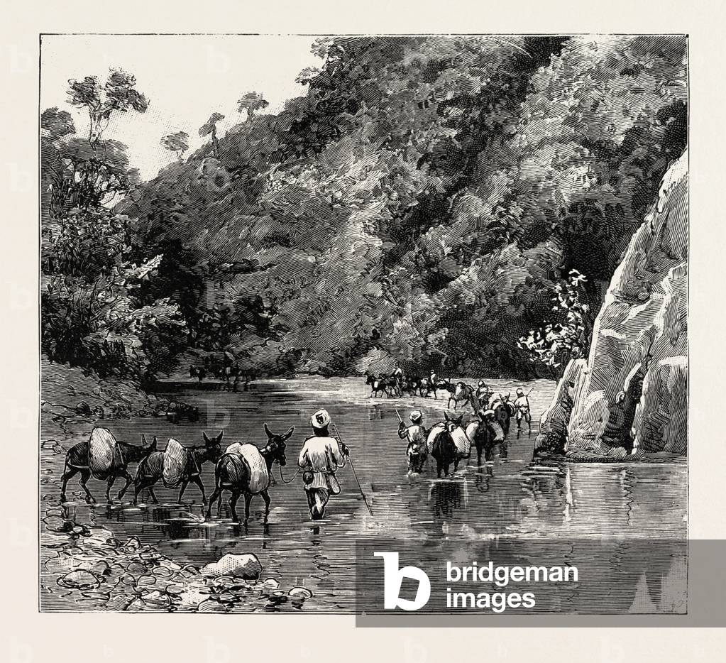 Image of The Chin Lushai Expeditionary Force, a Mule Convoy Crossing the