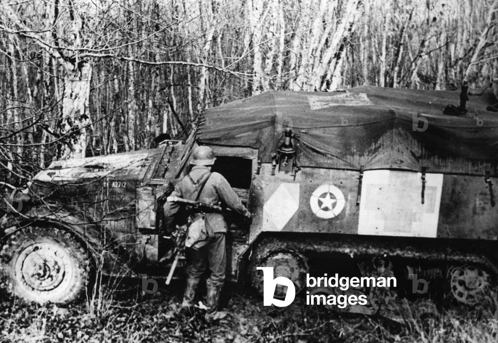 Image of Captured M3 halftrack on the Western Front, 1944 (b/w photo)