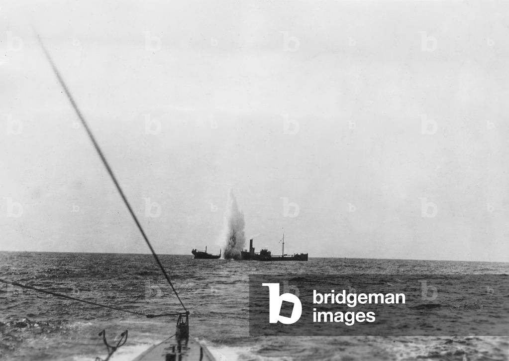 Image of Torpedo hit on an allied freighter, 1917 (b/w photo)