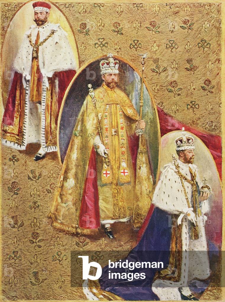 Image of King George V in the three robes worn at the