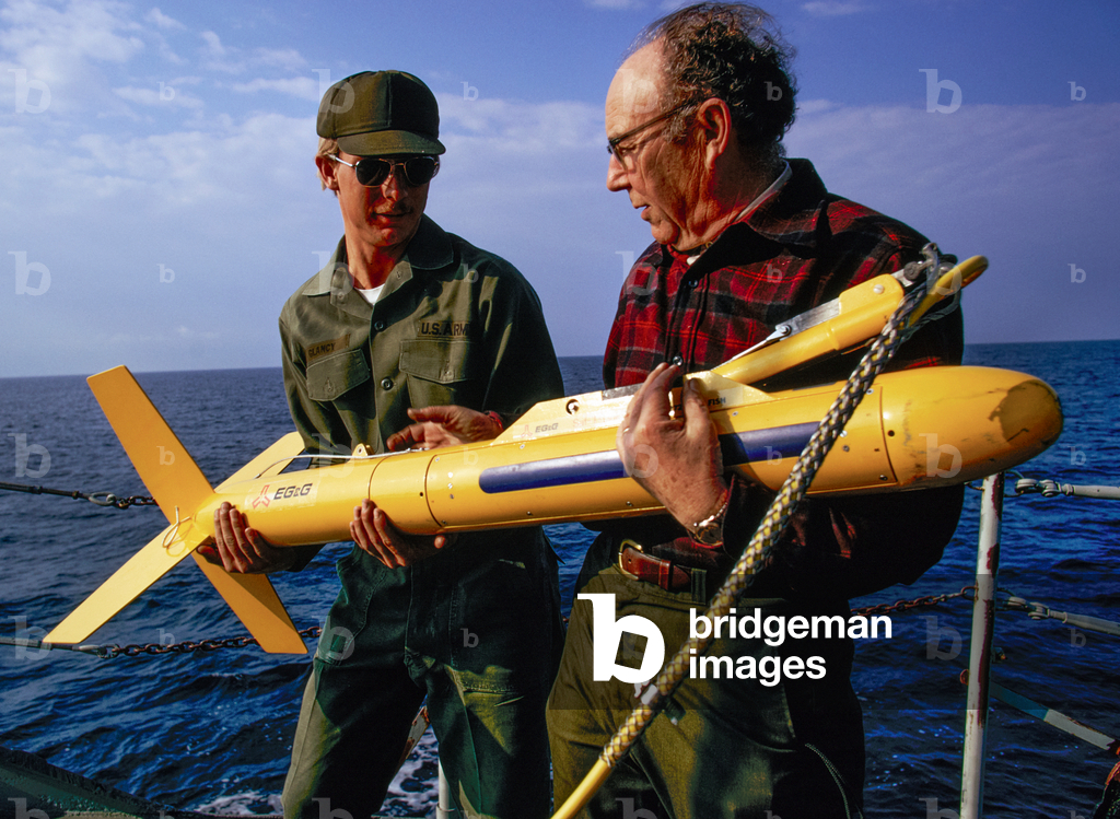 Image of Dr. Harold Edgerton, inventor, with his side scan sonar on by ...