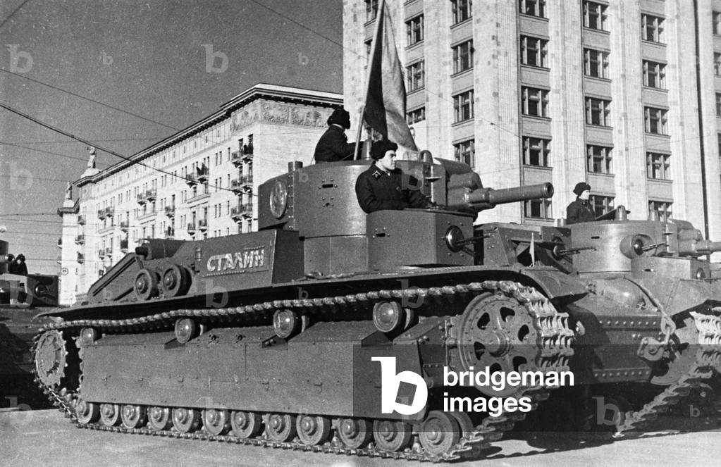 Image of A Soviet Tank Named after Stalin During a Military Parade,