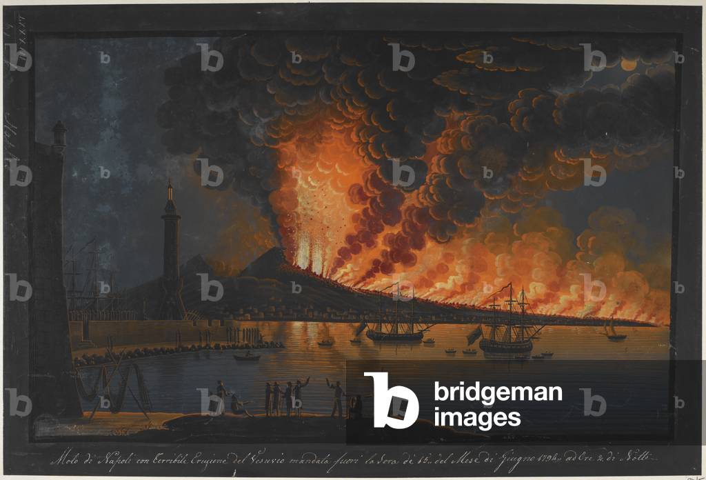 Image of A nocturnal scene; a group of men watch the eruption