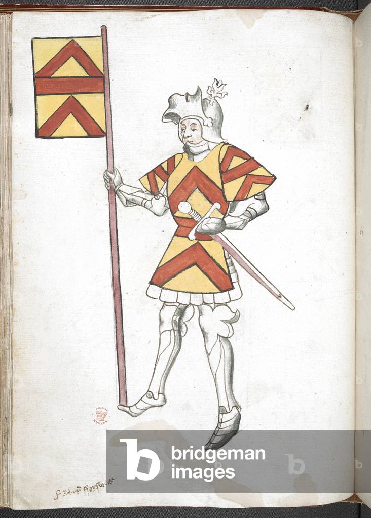 Image of Coloured drawing of a knight in armour and tabard.