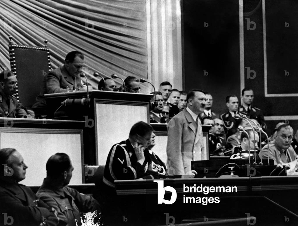 Image of Adolf Hitler speaks before the Reichstag, 1938 (b/w photo)