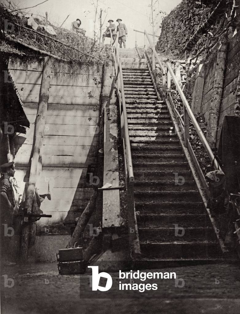 Image of The entrance of a captured German dugout, c.1916 (b/w photo)