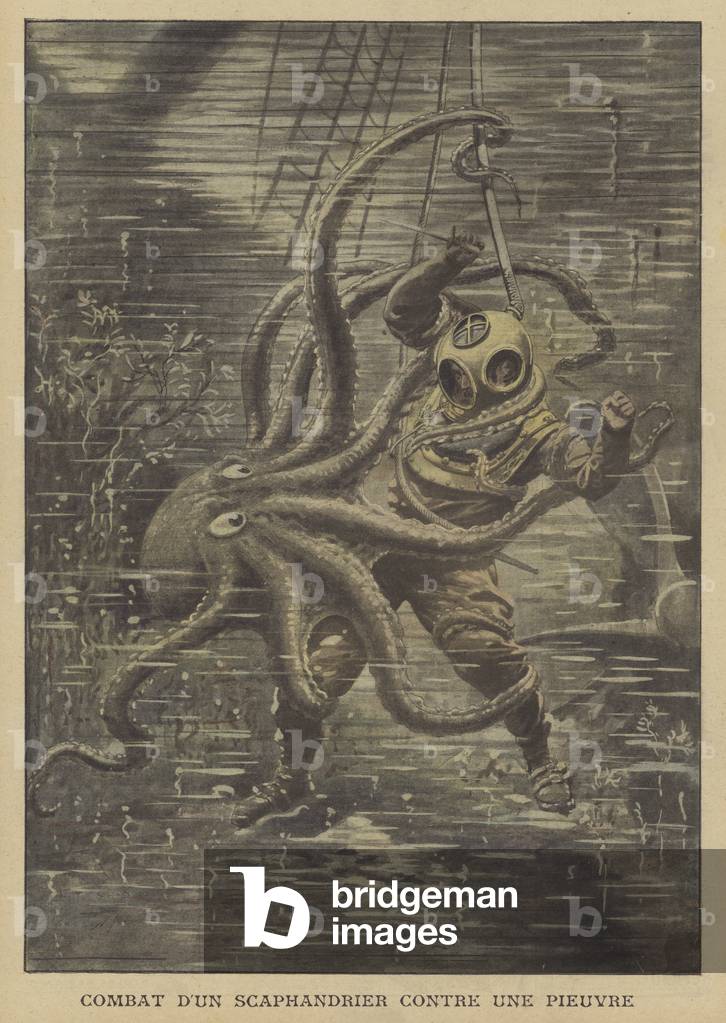 Image of Struggle between a deep sea diver and a giant octopus by ...