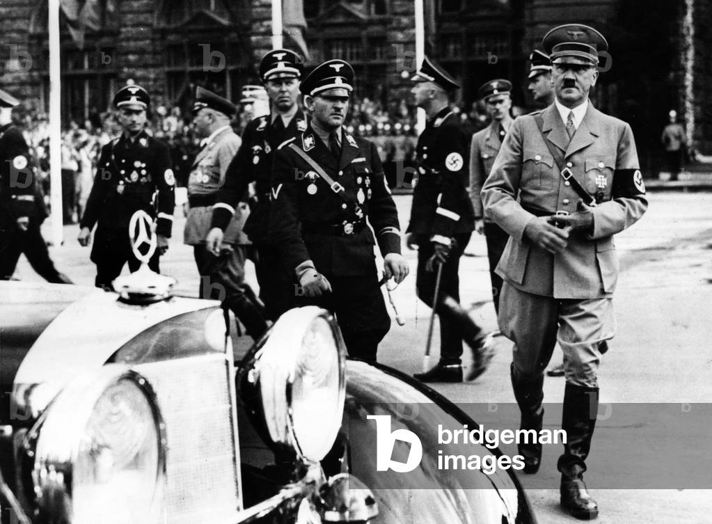 Image of Adolf Hitler with Sepp Dietrich and Heinrich HImmler, 1938 (b/w