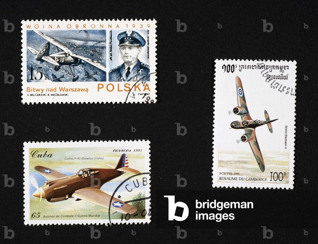 Image of Postage stamps honoring war planes: top left, postage stamp from
