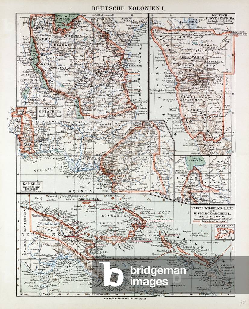 Image of Map of German Colonies German New Guinea Cameroon 1899