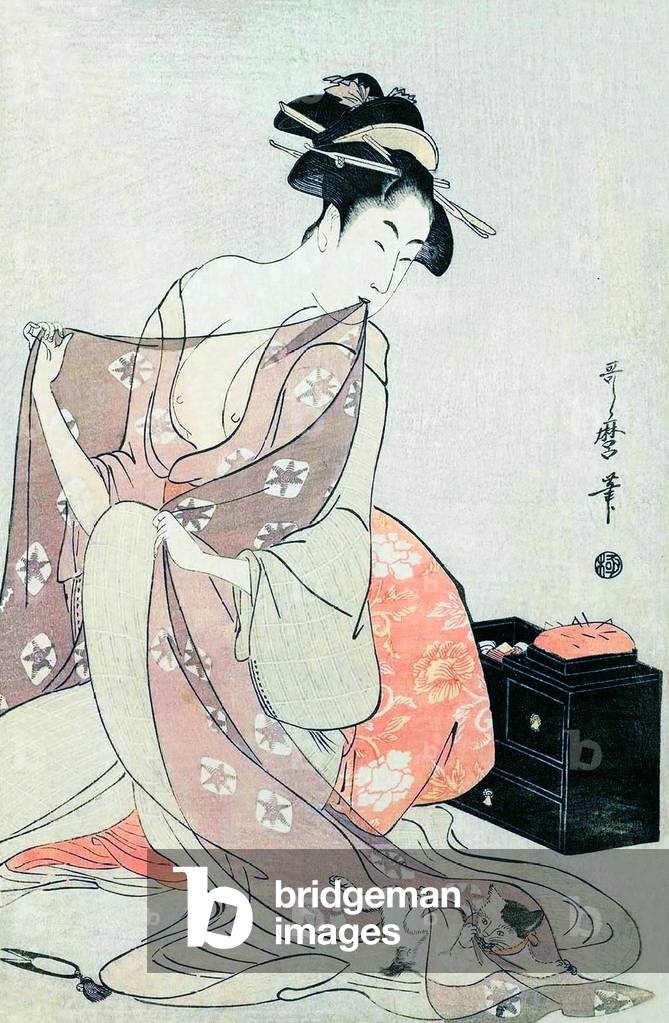 Image of Japan: Beautiful woman (bijin) with a cat. Kitagawa Utamaro (1753-1806) by Utamaro ...