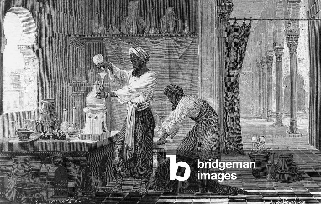 Image of Persian alchemist Rhazes in his laboratory (engraving) by ...