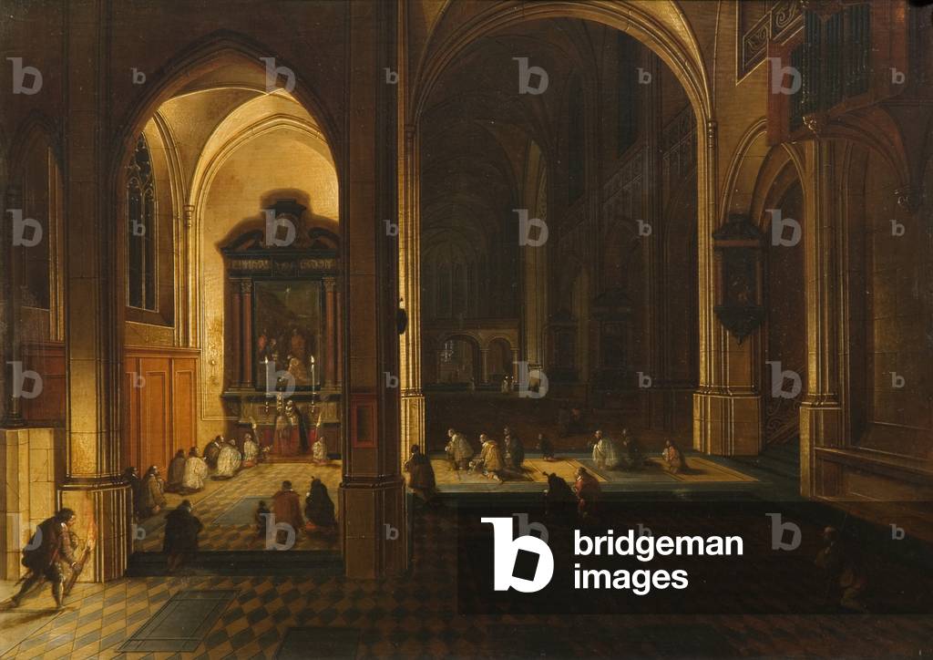 Image of The interior of a cathedral, with a priest celebrating mass by ...
