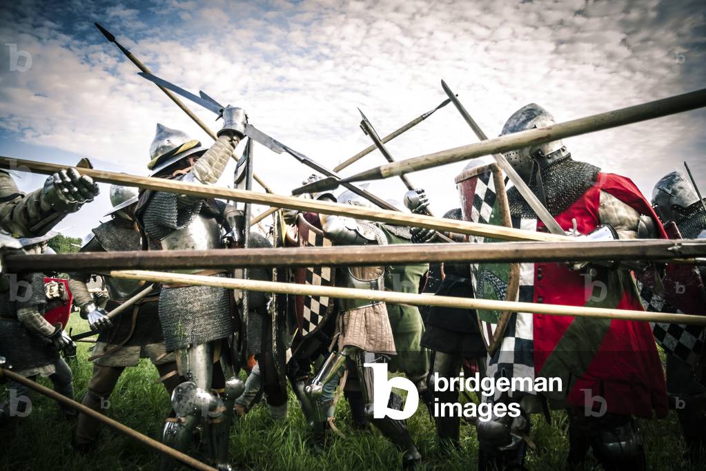 Image of Historical reenactment: Mercenary soldiers with armor, pikes ...