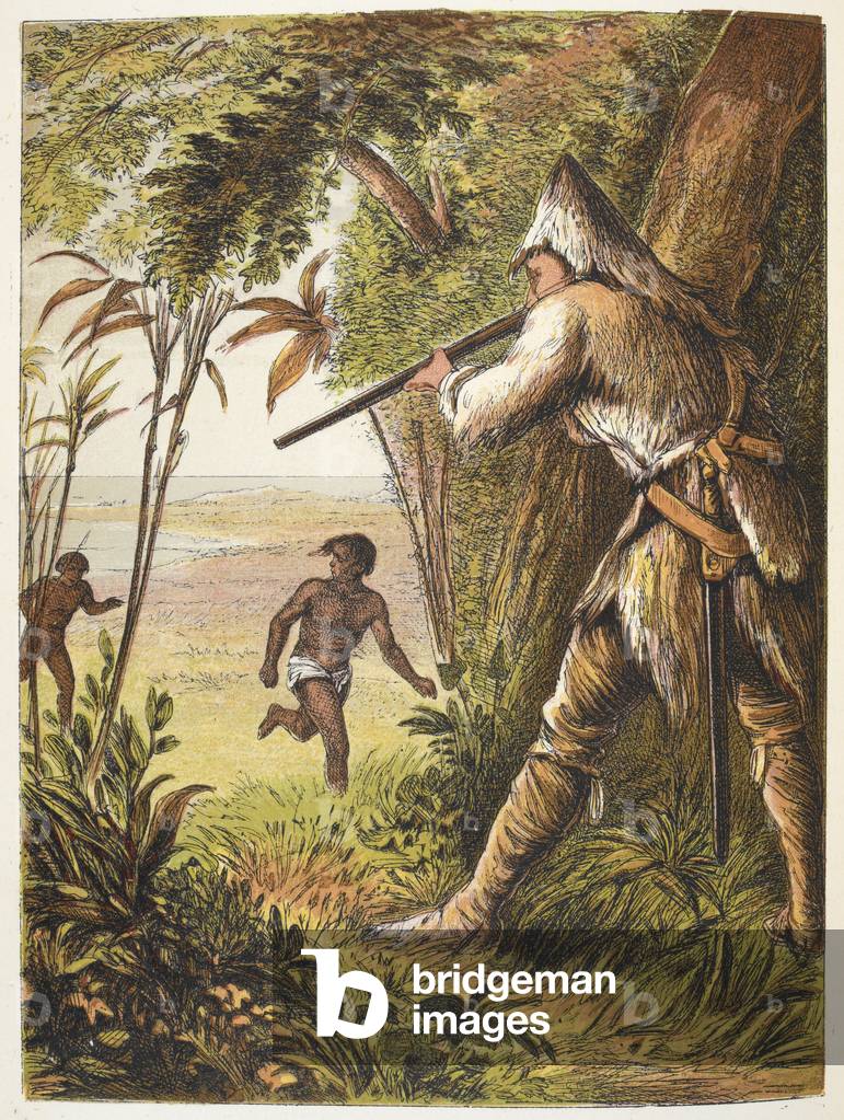 Image of Robinson Crusoe firing his gun at the natives of the