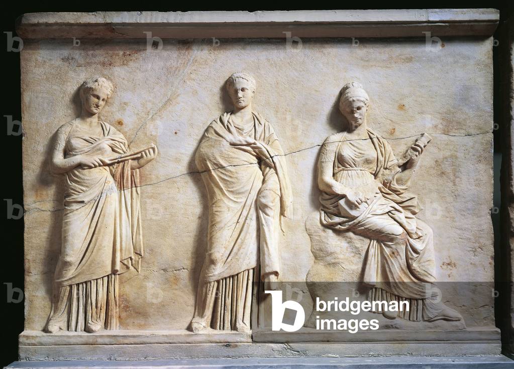 Image of Greek civilization, relief depicting three Muses, attributed ...