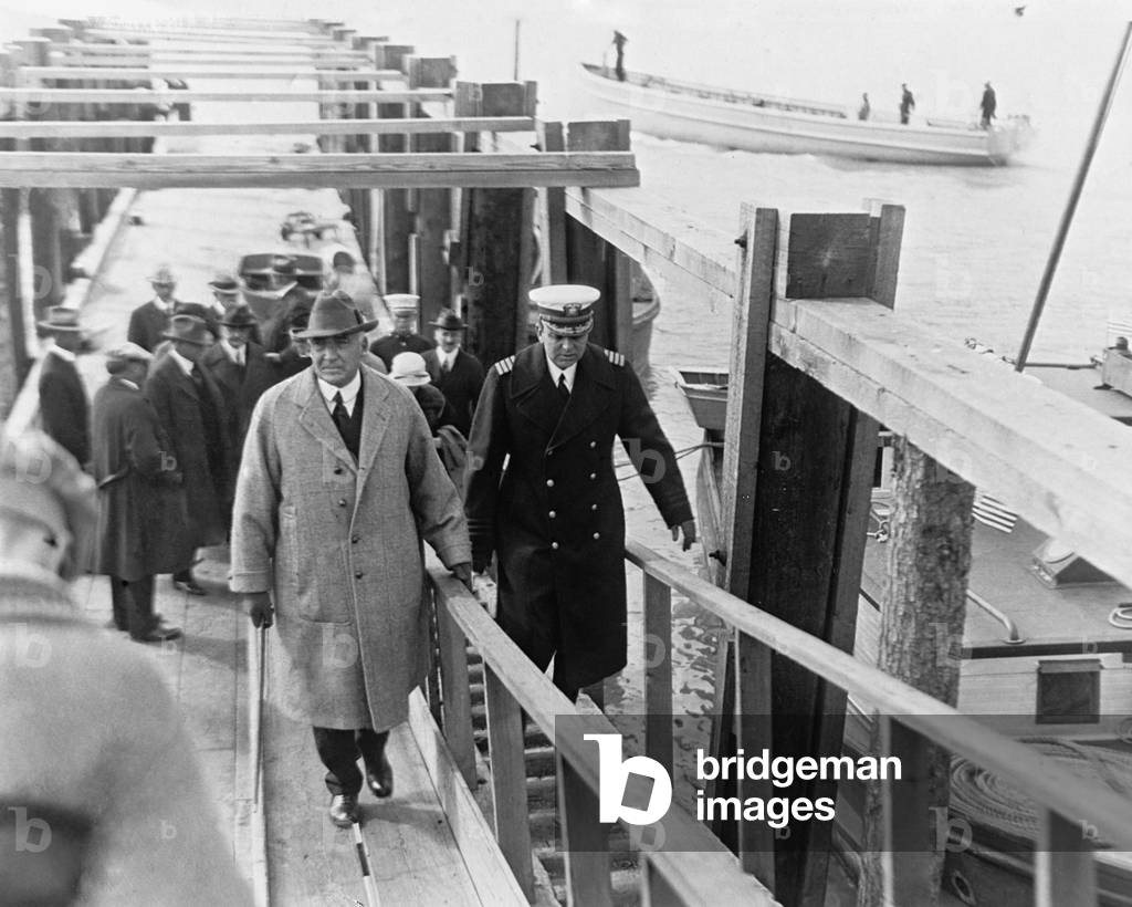 Image of President Warren Harding boarding a ship during his Alaska tour,