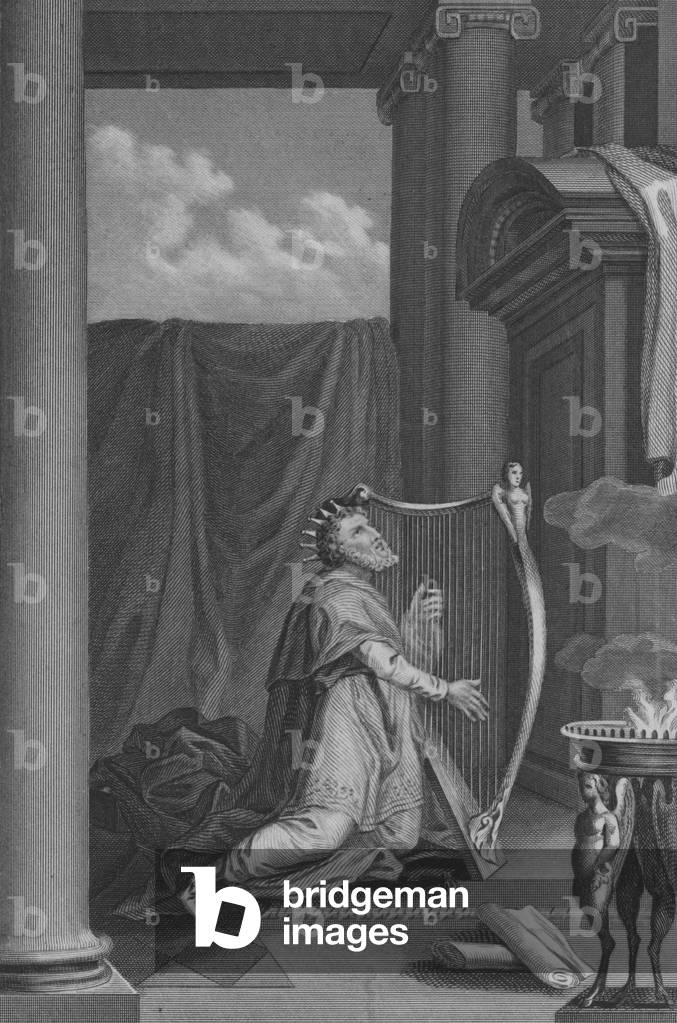 Image of David playing on the Harp (engraving) by European School ...