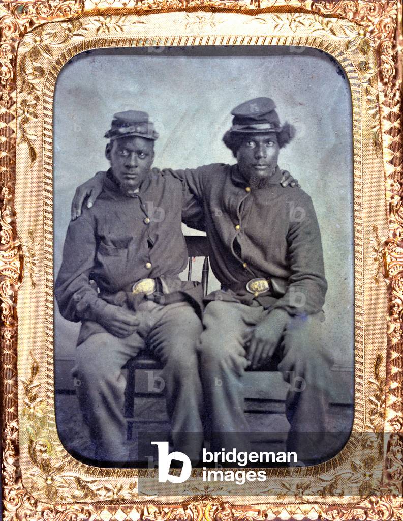 Image of Two African American soldiers wearing Union uniforms. Tintype ...