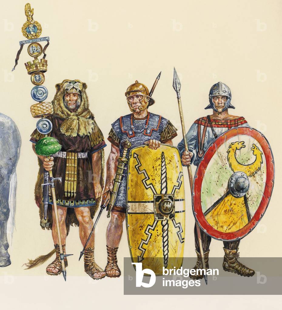Image of Soldiers of ancient Rome, from left: standard of Mario, soldier