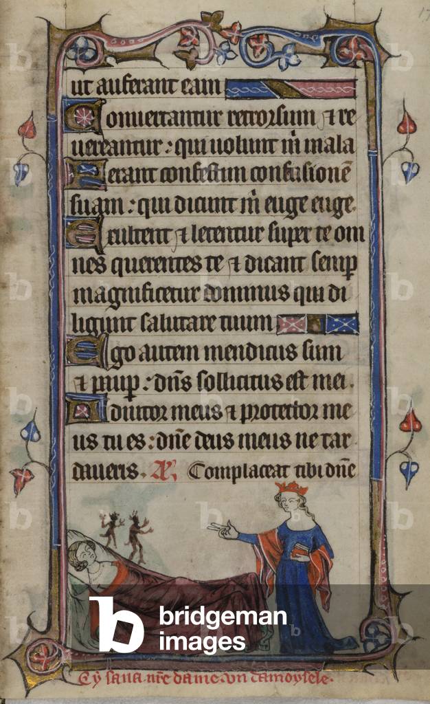 Image of Bas-de-page scene of the Virgin Mary exorcising two demons from