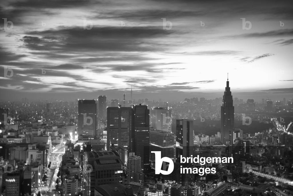Image of Tokyo dawn scene, Japan (b/w photo)