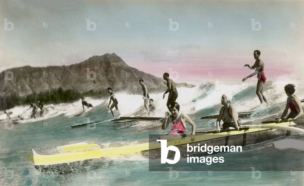 Image of Postcard of surfers and canoers at Waikiki Beach, c.1930s ...