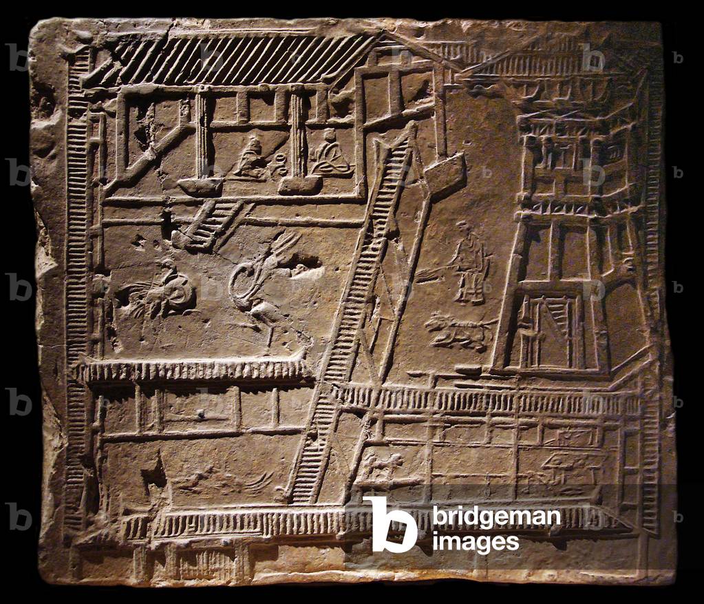 Image of China: Baked brick depicting an elaborate domestic courtyard ...